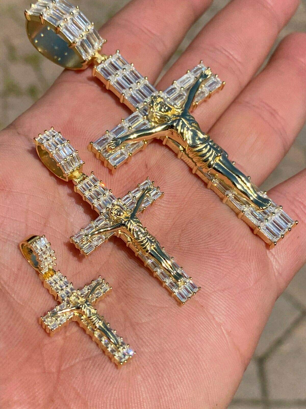 HarlemBling Real 925 Sterling Silver - 14k Gold Finish - Iced Baguette Cross W. Jesus Pendant - 3 Sizes Great For Any Necklace 1-2.5" (Medium 1.5")