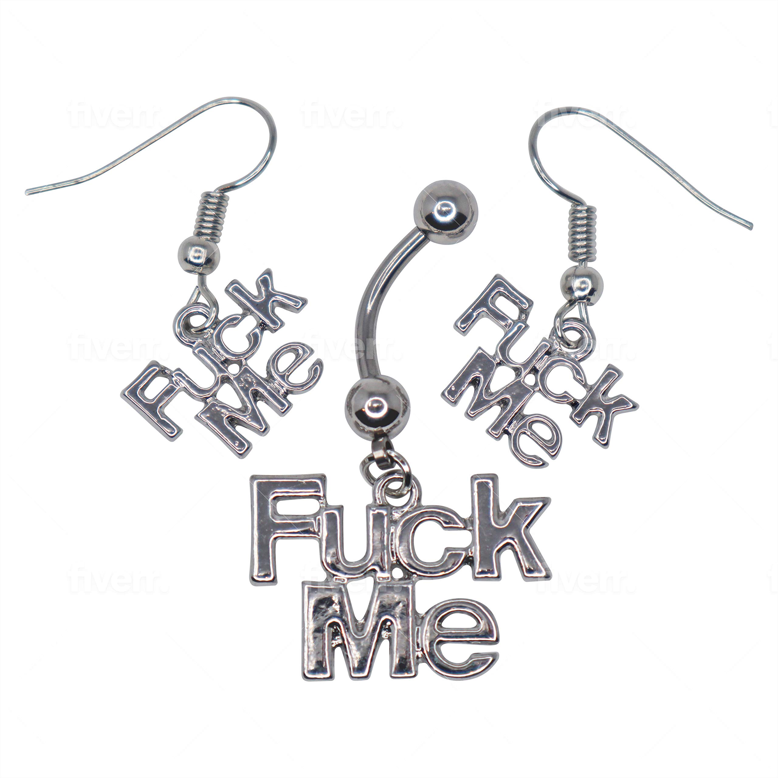 AWESOMETIVITY Naughty Sexy Jewelry Sets - Slut, Hotwife, F Me, Sexy, Stainless Steel and Rhinestone Dangle Belly Button Ring and Earrings Set for Naval Body and Ear Piercings (F Me w/Dangle Earrings)