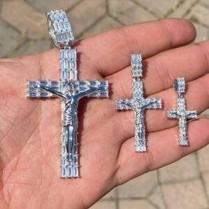 HarlemBling Real 925 Sterling Silver - Iced Baguette Cross W. Jesus Pendant - 3 Sizes Great For Any Necklace 1-2.5" (Medium 1.5")