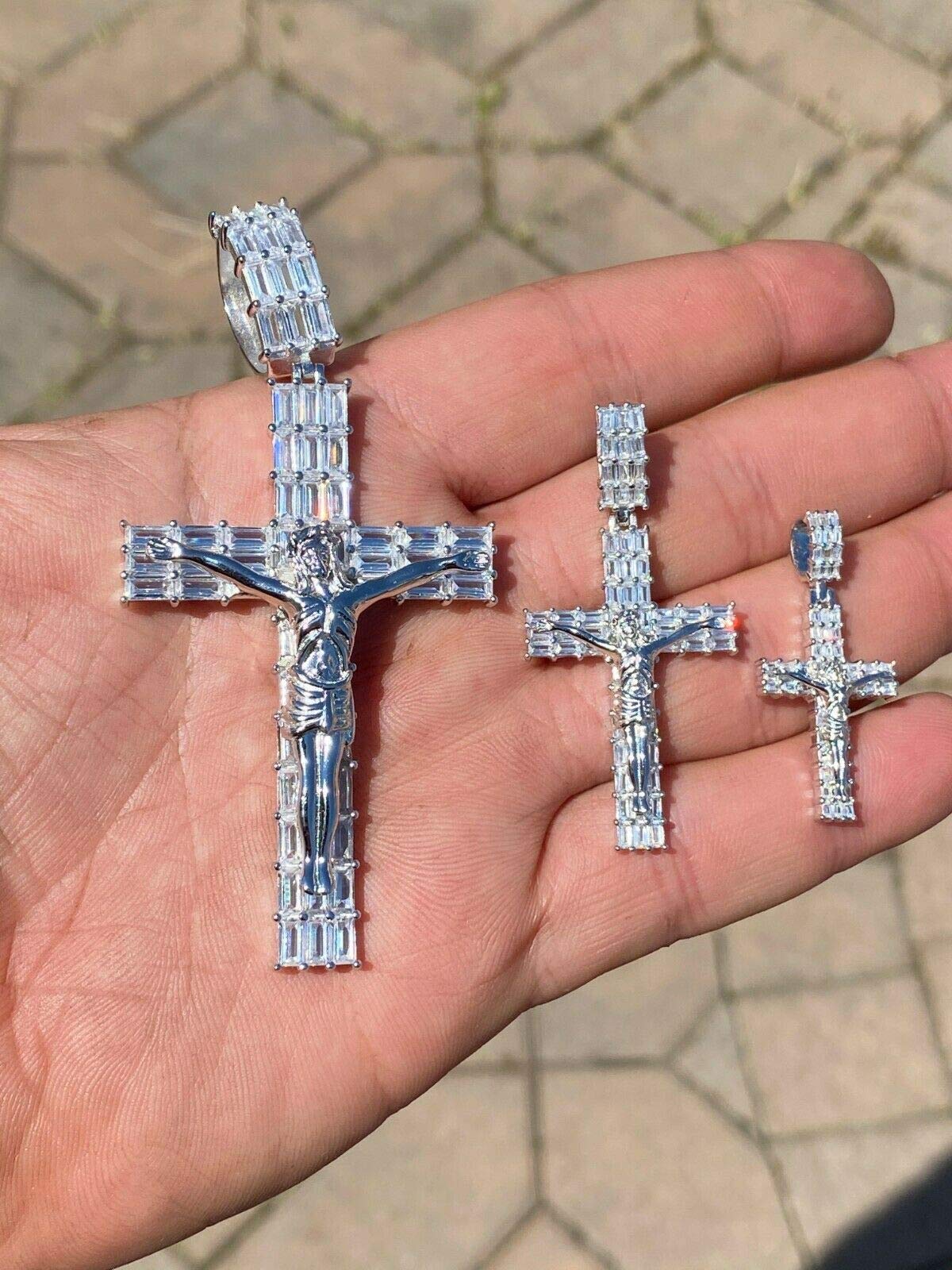 HarlemBling Real 925 Sterling Silver - Iced Baguette Cross W. Jesus Pendant - 3 Sizes Great For Any Necklace 1-2.5" (Medium 1.5")