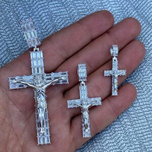 HarlemBling Real 925 Sterling Silver - Iced Baguette Cross W. Jesus Pendant - 3 Sizes Great For Any Necklace 1-2.5" (Medium 1.5")