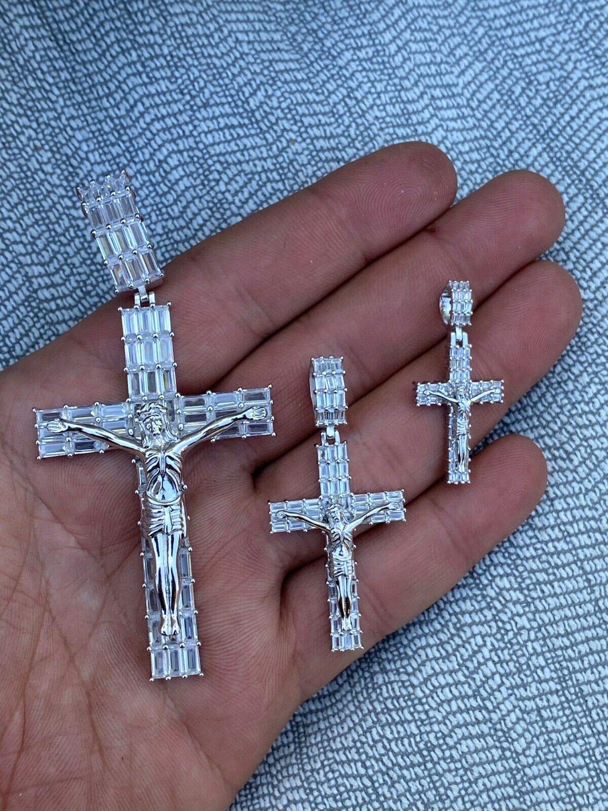 HarlemBling Real 925 Sterling Silver - Iced Baguette Cross W. Jesus Pendant - 3 Sizes Great For Any Necklace 1-2.5" (Medium 1.5")