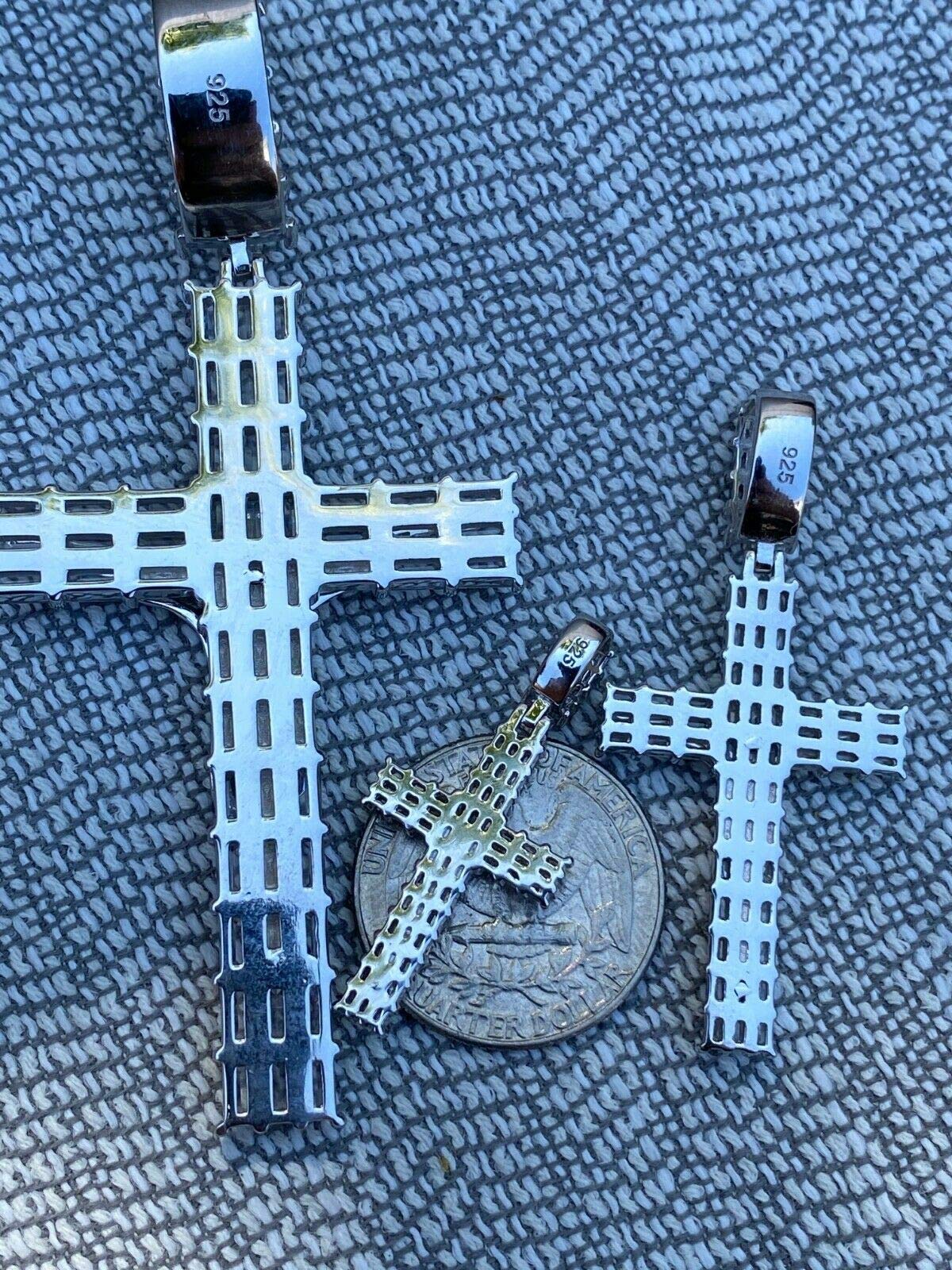 HarlemBling Real 925 Sterling Silver - Iced Baguette Cross W. Jesus Pendant - 3 Sizes Great For Any Necklace 1-2.5" (Medium 1.5")