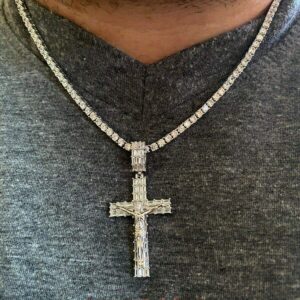 HarlemBling Real 925 Sterling Silver - Iced Baguette Cross W. Jesus Pendant - 3 Sizes Great For Any Necklace 1-2.5" (Medium 1.5")