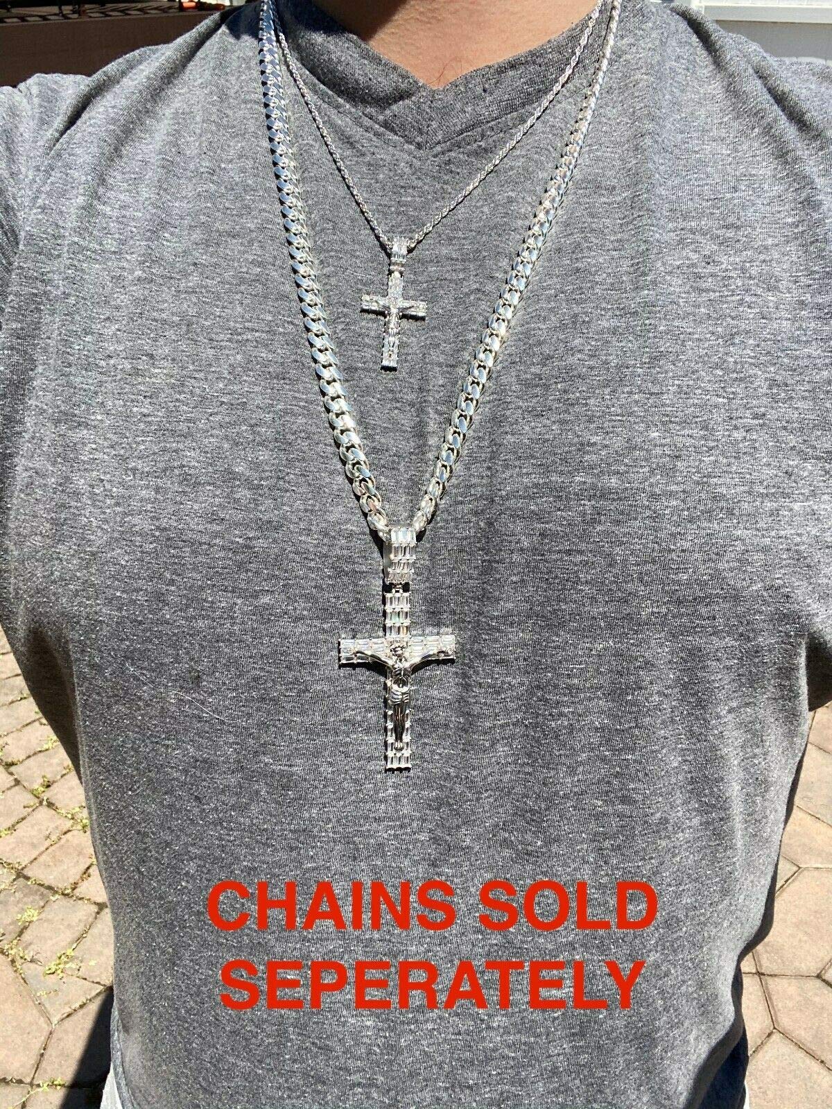 HarlemBling Real 925 Sterling Silver - Iced Baguette Cross W. Jesus Pendant - 3 Sizes Great For Any Necklace 1-2.5" (Medium 1.5")