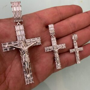 HarlemBling Real 925 Sterling Silver - Iced Baguette Cross W. Jesus Pendant - 3 Sizes Great For Any Necklace 1-2.5" (Medium 1.5")