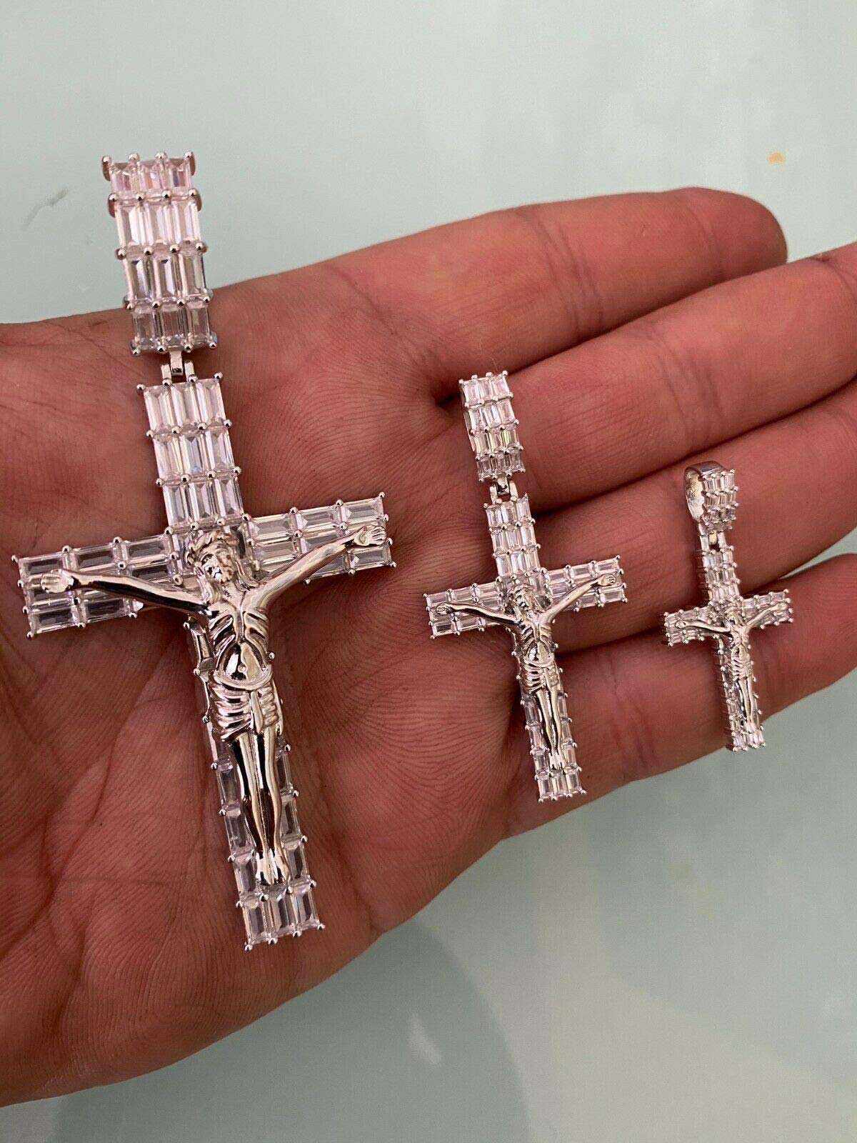 HarlemBling Real 925 Sterling Silver - Iced Baguette Cross W. Jesus Pendant - 3 Sizes Great For Any Necklace 1-2.5" (Medium 1.5")