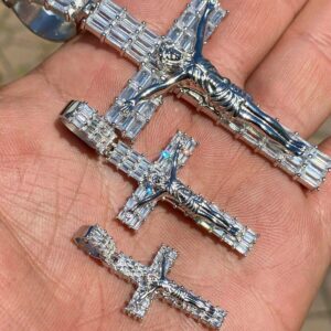 HarlemBling Real 925 Sterling Silver - Iced Baguette Cross W. Jesus Pendant - 3 Sizes Great For Any Necklace 1-2.5" (Medium 1.5")