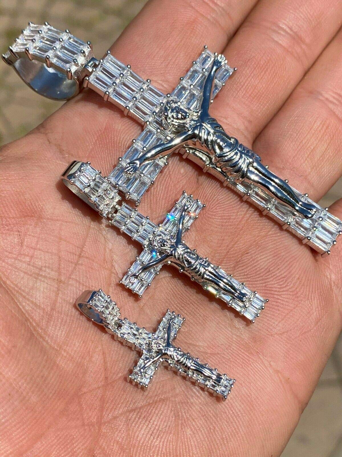 HarlemBling Real 925 Sterling Silver - Iced Baguette Cross W. Jesus Pendant - 3 Sizes Great For Any Necklace 1-2.5" (Medium 1.5")