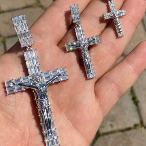 HarlemBling Real 925 Sterling Silver - Iced Baguette Cross W. Jesus Pendant - 3 Sizes Great For Any Necklace 1-2.5" (Medium 1.5")