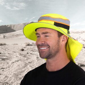 Hi-Visibility Reflective Safety Polyester UPF 50+ Sun Hat, Wide Brim with Neck Flap, Breathable, Boonie Hat Bucket Cap Yellow