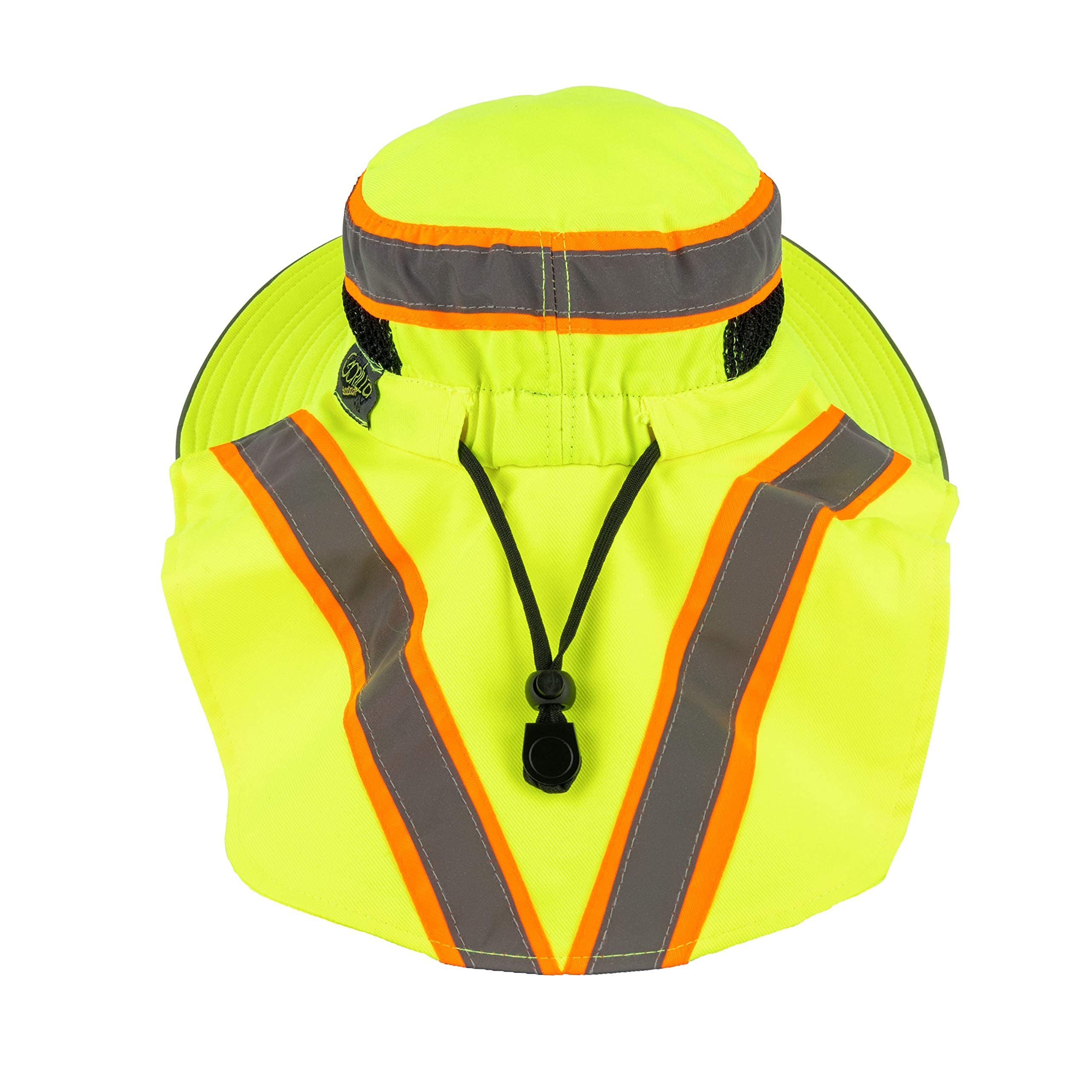 Hi-Visibility Reflective Safety Polyester UPF 50+ Sun Hat, Wide Brim with Neck Flap, Breathable, Boonie Hat Bucket Cap Yellow