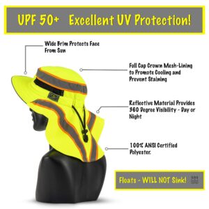 Hi-Visibility Reflective Safety Polyester UPF 50+ Sun Hat, Wide Brim with Neck Flap, Breathable, Boonie Hat Bucket Cap Yellow