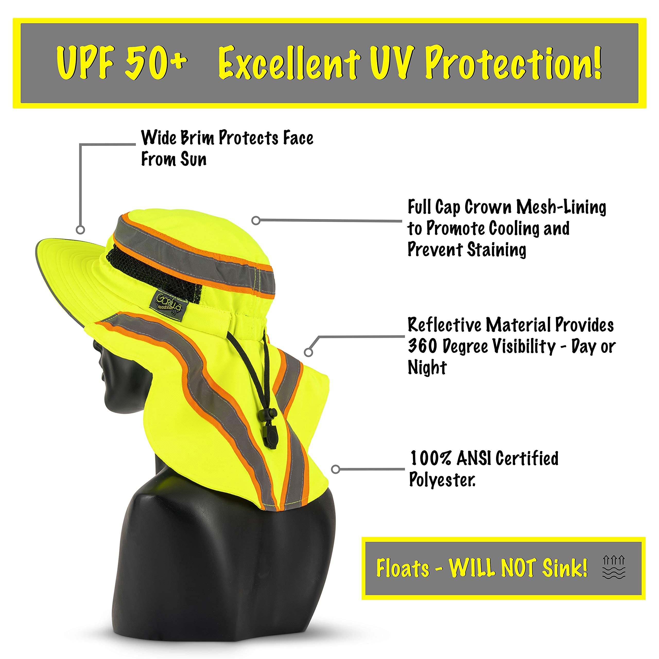 Hi-Visibility Reflective Safety Polyester UPF 50+ Sun Hat, Wide Brim with Neck Flap, Breathable, Boonie Hat Bucket Cap Yellow