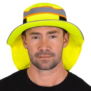 Hi-Visibility Reflective Safety Polyester UPF 50+ Sun Hat, Wide Brim with Neck Flap, Breathable, Boonie Hat Bucket Cap Yellow