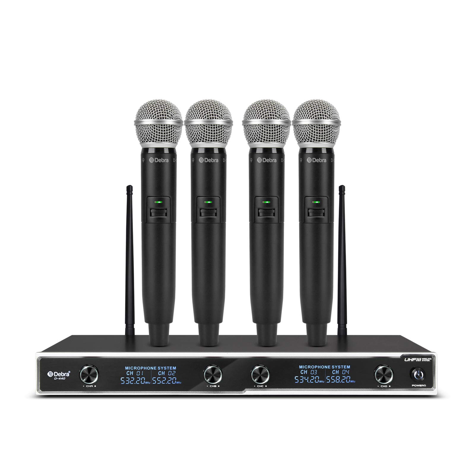 D Debra UHF 4-Channel Wireless Microphone System with 4 Cordless Mics, Auto Connect - 300ft Long Transmission Stable Signal for Karaoke, Parties, Church, Wedding (D-440,4 Handheld)