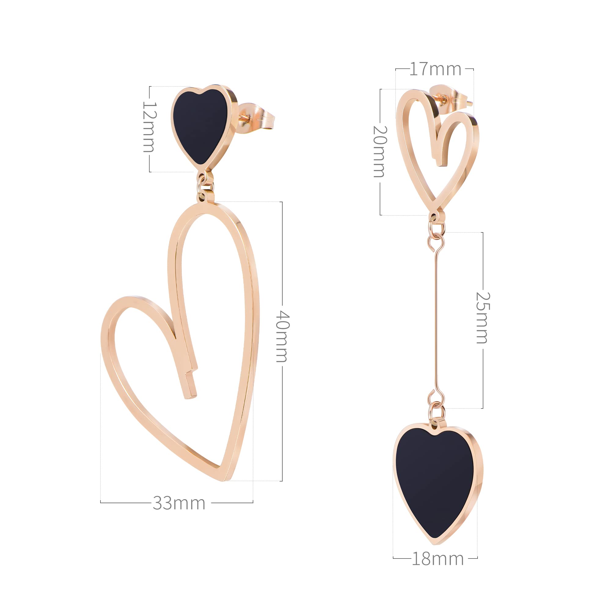 Linawe Black Heart Earrings, Rose Gold Hypoallergenic Stainless Steel Dangle Drop Earrings Dangling, Preppy Stuff Y2K Cute Asymmetrical Earrings, Gift Valentine's Day Anniversary