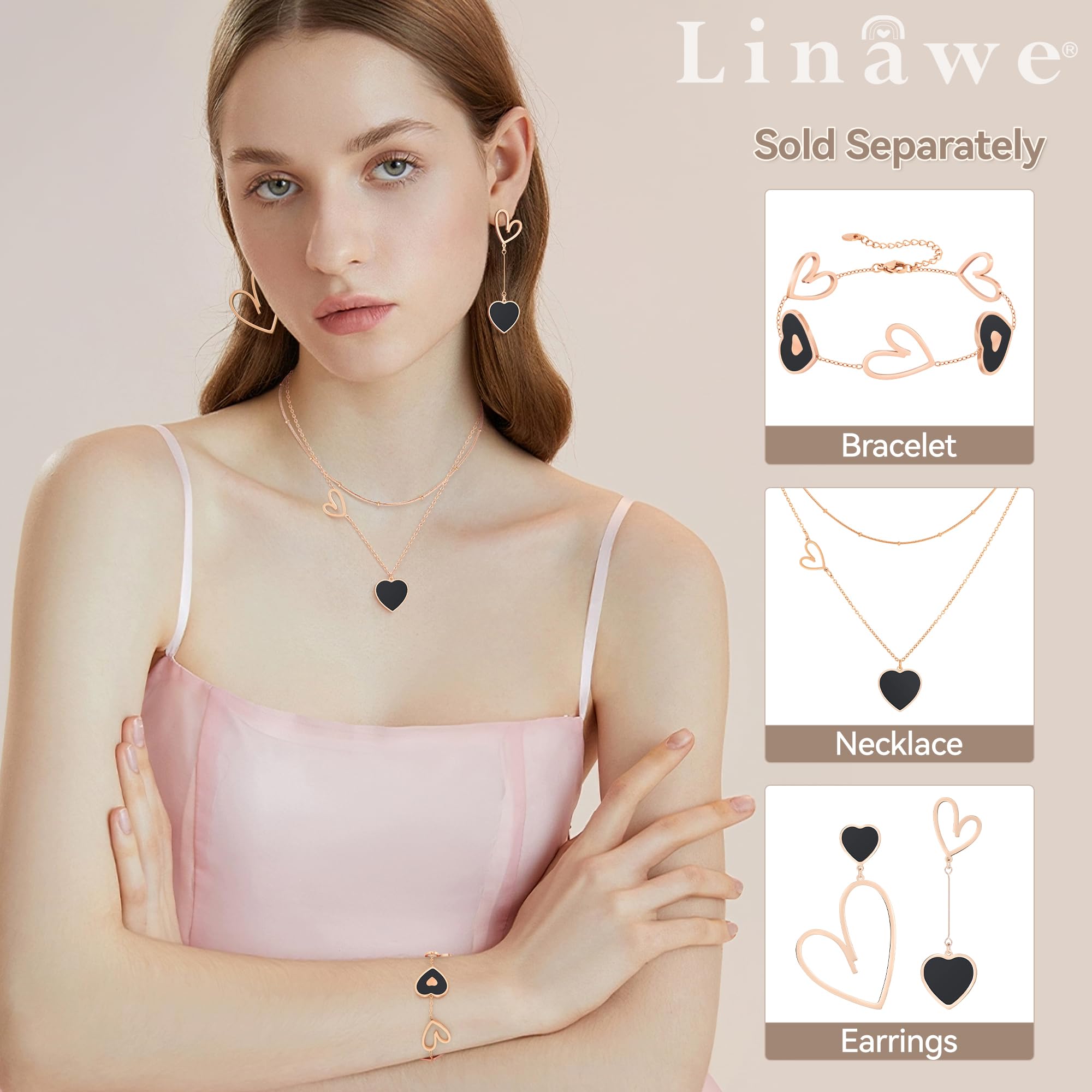 Linawe Black Heart Earrings, Rose Gold Hypoallergenic Stainless Steel Dangle Drop Earrings Dangling, Preppy Stuff Y2K Cute Asymmetrical Earrings, Gift Valentine's Day Anniversary