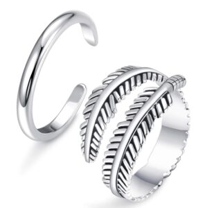 joerica 925 sterling silver rings for women adjustable feather ring statement leaf ring open stackable plain wedding band ring