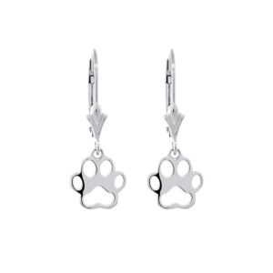 open dog paw charm lever back earrings in sterling silver