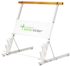 booty kicker – home fitness exercise barre, folds flat, portable, storable, strong angular design for pushing, pulling, balance & ballet exercises, wood, steel, nickle, perfect for barre workouts