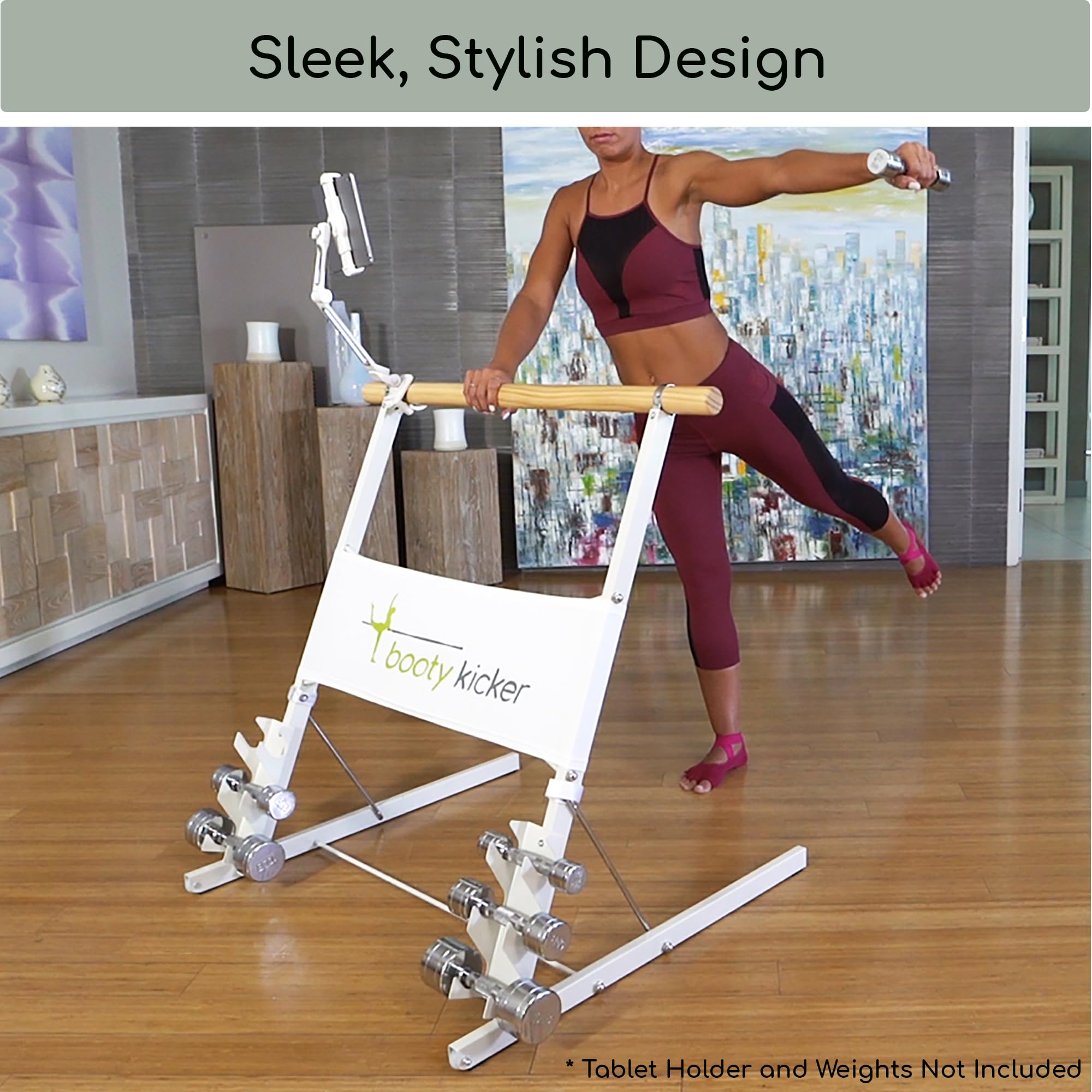 Booty Kicker – Home Fitness Exercise Barre, Folds Flat, Portable, Storable, Strong Angular Design for Pushing, Pulling, Balance & Ballet Exercises, Wood, Steel, Nickle, Perfect for Barre Workouts