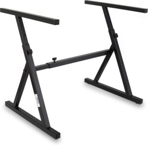 pyle heavy duty folding keyboard stand - sturdy reinforced z design w/ adjustable width & height, foam padded arms, digital piano stand, fits 54-88 key electric pianos & used for travel & storage