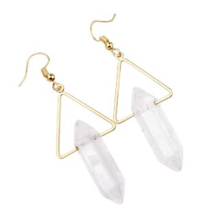 nupuyai rock quartz stone dangle drop earrings for women, hexagonal double points healing crystal quartz gold plated triangle earrings with hook