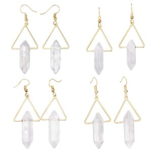 Nupuyai Rock Quartz Stone Dangle Drop Earrings for Women, Hexagonal Double Points Healing Crystal Quartz Gold Plated Triangle Earrings with Hook