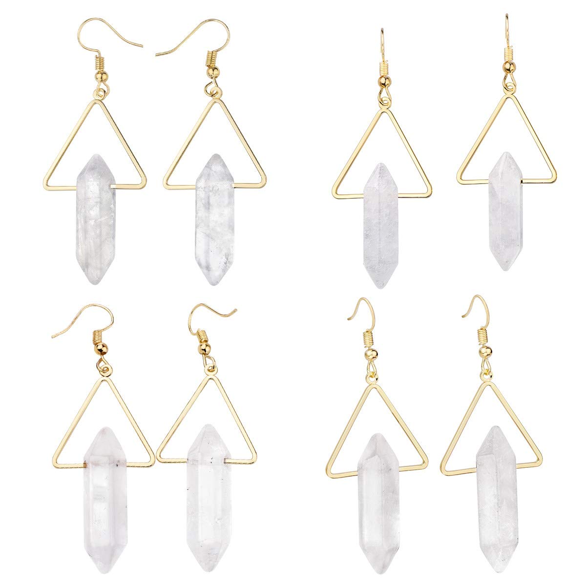 Nupuyai Rock Quartz Stone Dangle Drop Earrings for Women, Hexagonal Double Points Healing Crystal Quartz Gold Plated Triangle Earrings with Hook