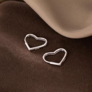 Reffeer 925 Sterling Silver Heart Earrings Hoop Minimalist Sleeper Huggie Earrings For Women Teens (A-Silver)