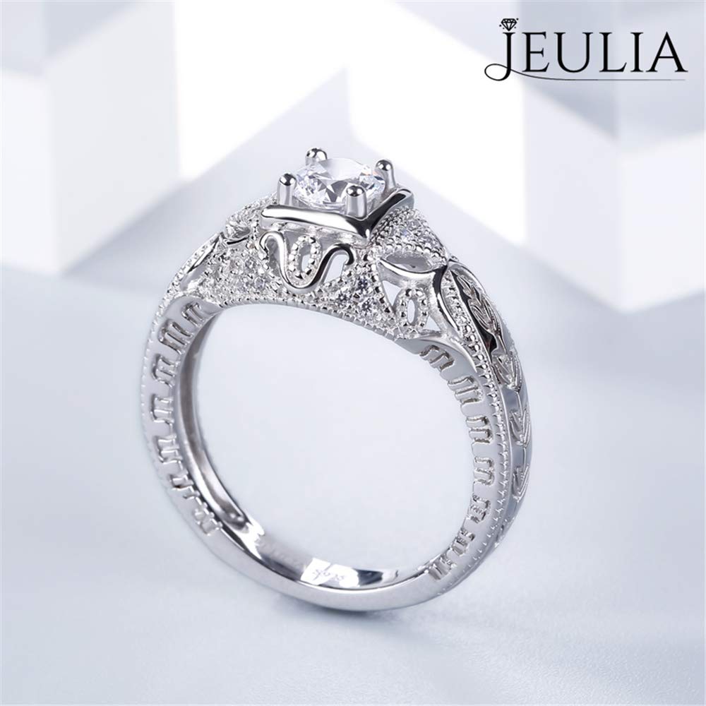 Jeulia Vintage Rings 925 Sterling Silver Round Cut Solitair Diamond Ring Wedding Engagement Statement Ring Band Anniversary Promise Bridal Set with Gift Box (Silver, 10)