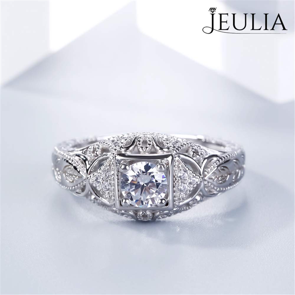 Jeulia Vintage Rings 925 Sterling Silver Round Cut Solitair Diamond Ring Wedding Engagement Statement Ring Band Anniversary Promise Bridal Set with Gift Box (Silver, 10)