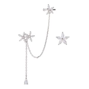 sluynz 925 sterling silver daisy flowers cuff earrings chain for women asymmetric cz daisy earrings crawler earrings dangling chain (asymmetric)