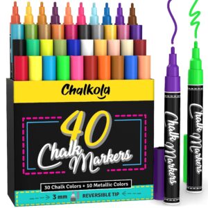 fine tip chalk markers - pack of 40 (neon, classic & metallic) chalk pens - for chalkboard, blackboard, window, labels, bistro, glass - wet wipe erasable - 3mm reversible tip