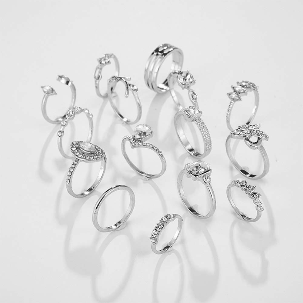 Aimimier 15 Pcs Bohemian Stackable Joint Knuckle Ring Set Crystal Heart Finger Ring Sparkling Rhinestone Midi Rings for Women