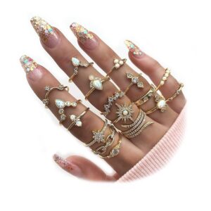 aimimier 17 pcs bohemian stackable joint knuckle ring set crystal opal genstone sun star finger ring diamond-studded midi rings for women