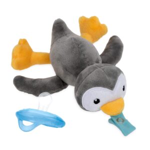 nuby calming natural flex snuggleez pacifier with plush combo set for cuddling with comfort, penguin