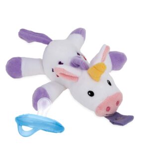 nuby calming natural flex snuggleez pacifier with plush combo set for cuddling with comfort, unicorn