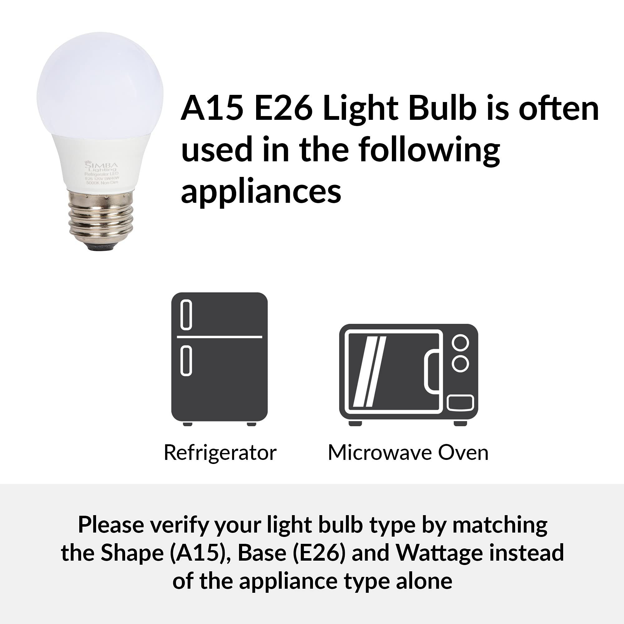 Simba Lighting LED A15 Refrigerator Light Bulbs (2-Pack) 5W 40W Replacement Waterproof Small for Appliances, Freezers, 120V, E26 Standard Medium Base, Frosted Cover, Not Dimmable, 5000K Daylight