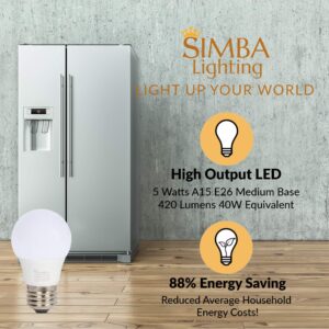 Simba Lighting LED A15 Refrigerator Light Bulbs (2-Pack) 5W 40W Replacement Waterproof Small for Appliances, Freezers, 120V, E26 Standard Medium Base, Frosted Cover, Not Dimmable, 5000K Daylight