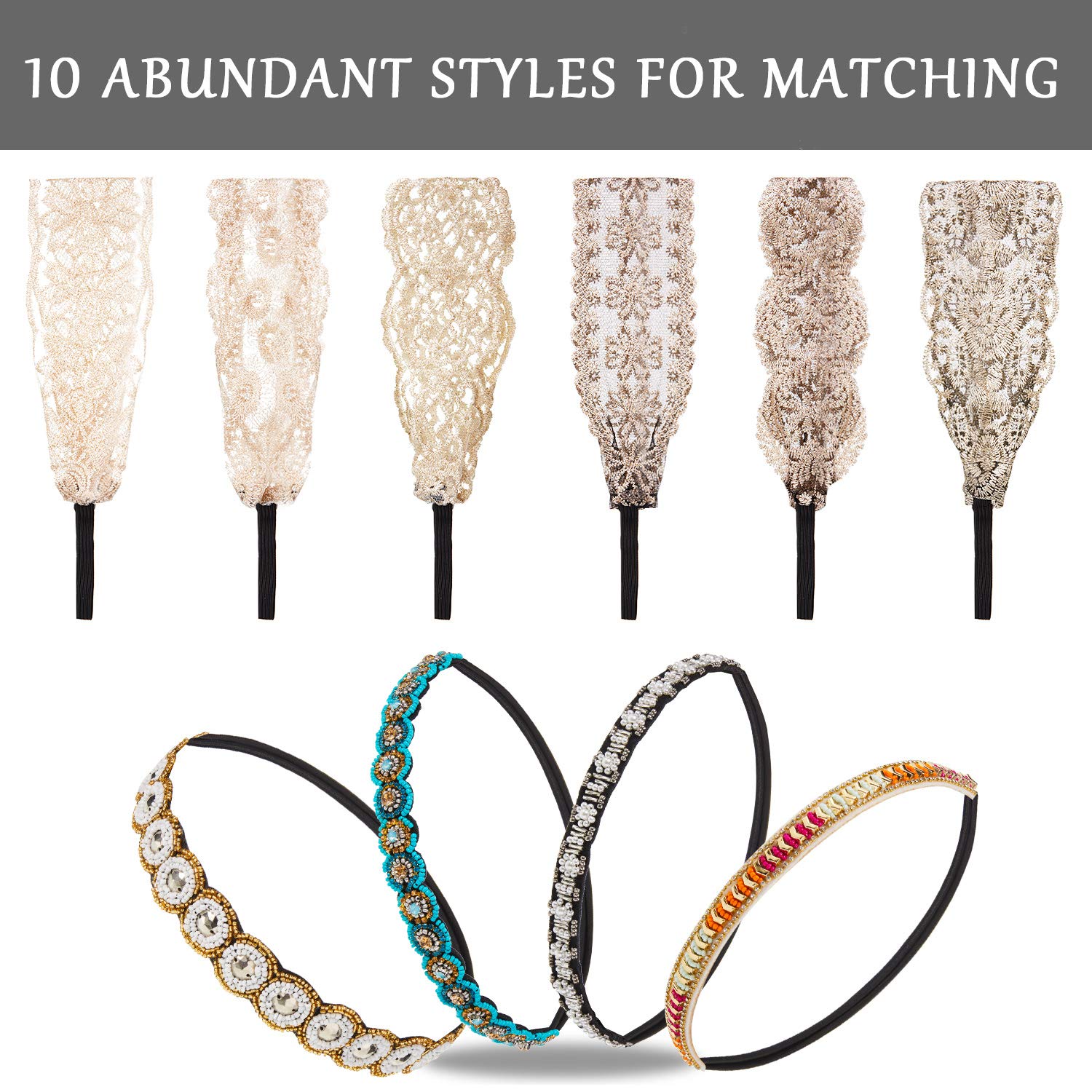 WILLBOND 10 Pieces Rhinestone Beaded Headbands Elastic Elegant Lace Handmade Headwraps Wide Hair Bands Vintage Crystal Jewelry Hairbands for Women Hair Accessories