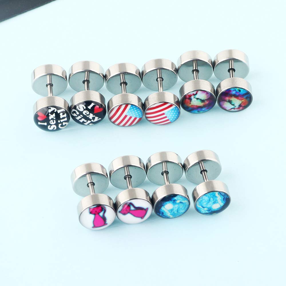 30PCS 8mm Stainless Steel SilverTapers Cheater Faux Fake Ear Plugs Gauges Stud Earrings Set By Random (mix style 15 pairs)