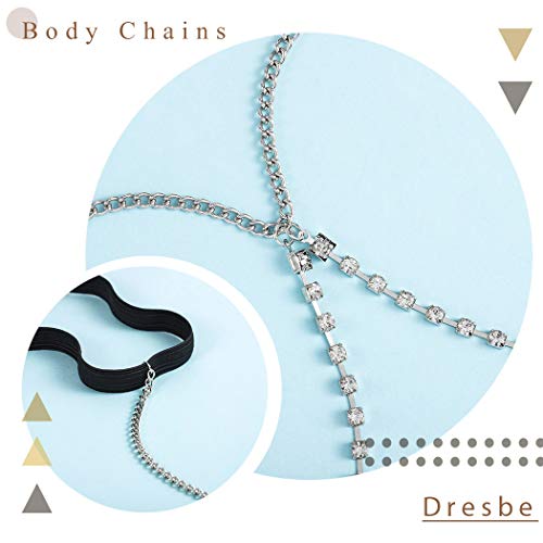 Dresbe Layered Rhinestone Thigh Chain Silver Sparkly Leg Chains Elastic Body Jewelry Accessories for Women