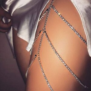 Dresbe Layered Rhinestone Thigh Chain Silver Sparkly Leg Chains Elastic Body Jewelry Accessories for Women