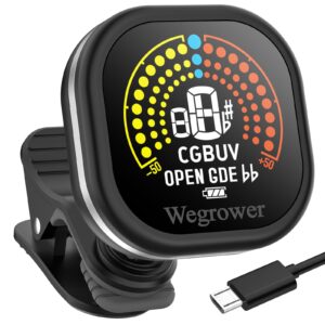 wegrower guitar tuner rechargeable, clip on tuner with lcd color display with guitar, ukulele, violin and chromatic tuning modes, tuners for musical instruments