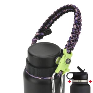 qeecord paracord handle compatible with hydro flask 2.0 wide mouth water bottle carrier with new ring and carabiner, 12oz, 16oz,18oz, 32oz, 40oz, 64oz (32 oz-40 oz wide mouth, camo purple)