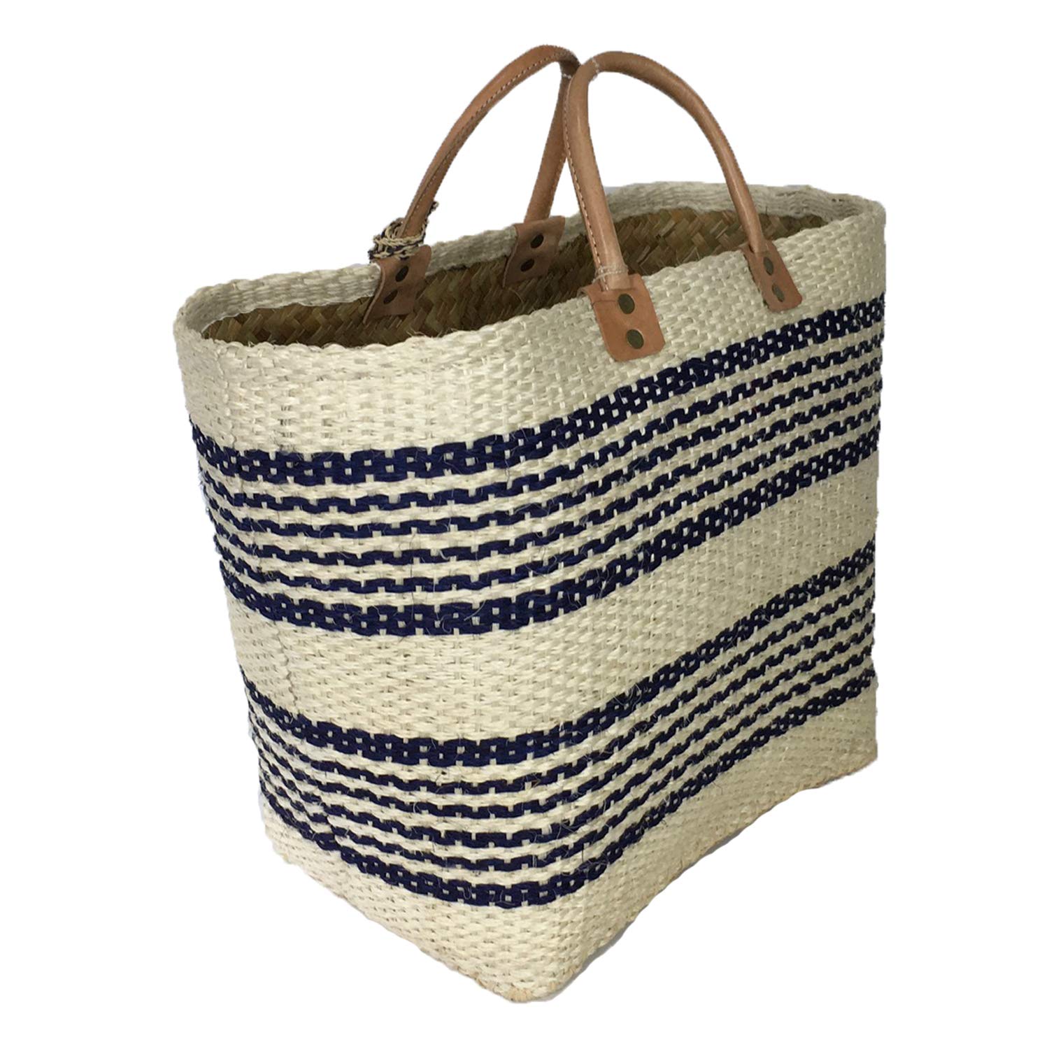 Mar Y Sol Caracas Striped Market Tote Bag Pom Pom, Natural Navy