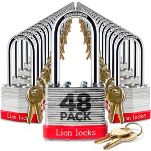 lion locks 48 keyed alike padlocks with 2" long shackle, 96 keys - padlocks for outdoor use, locks with keys, hardened steel case, pick resistant brass pin cylinder for hasp latch, locker, gate