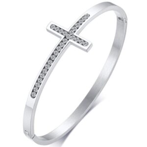 jude jewelers stainless steel sideways cross christian religious bangle bracelet (silver)